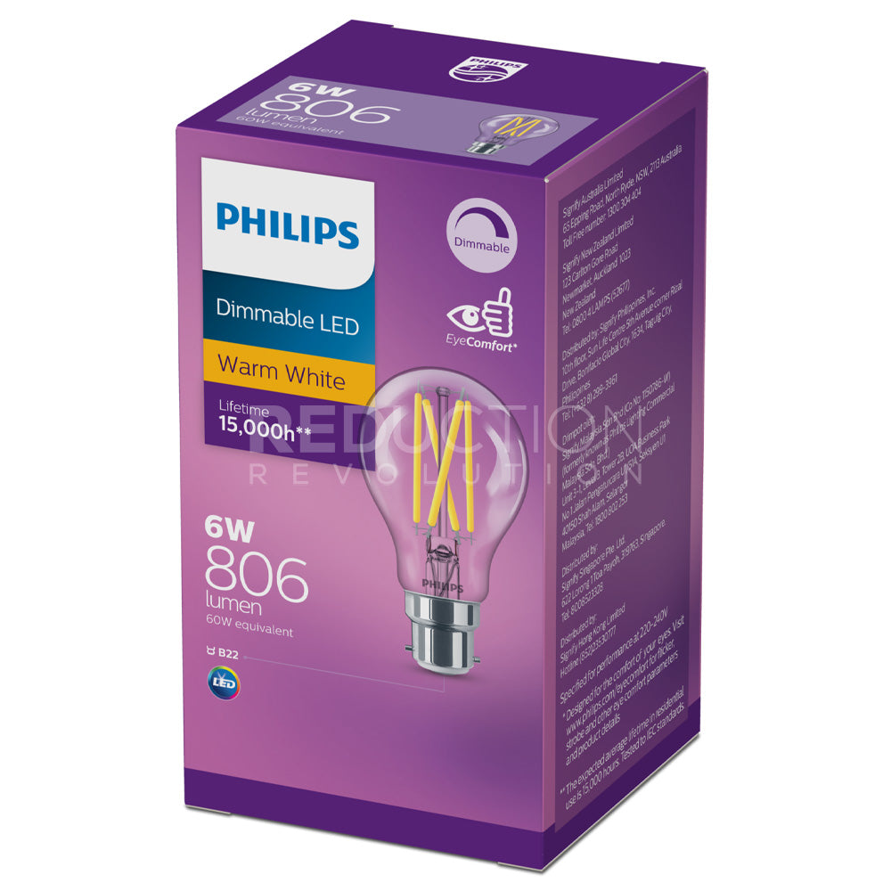 Bayonet Filament LED Light Bulb A60 - Philips 6W Dimmable